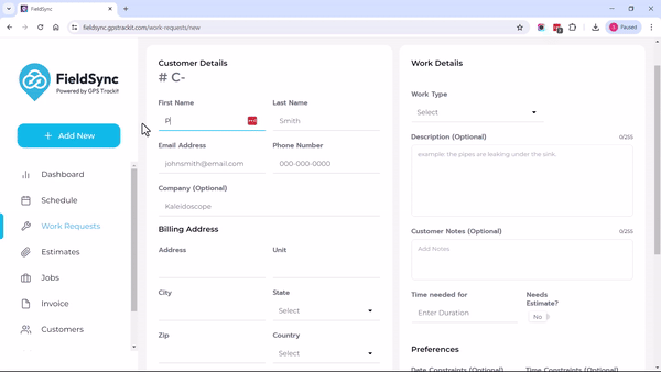 FieldSync: Solicitud de Trabajo – GPSTrackit Support